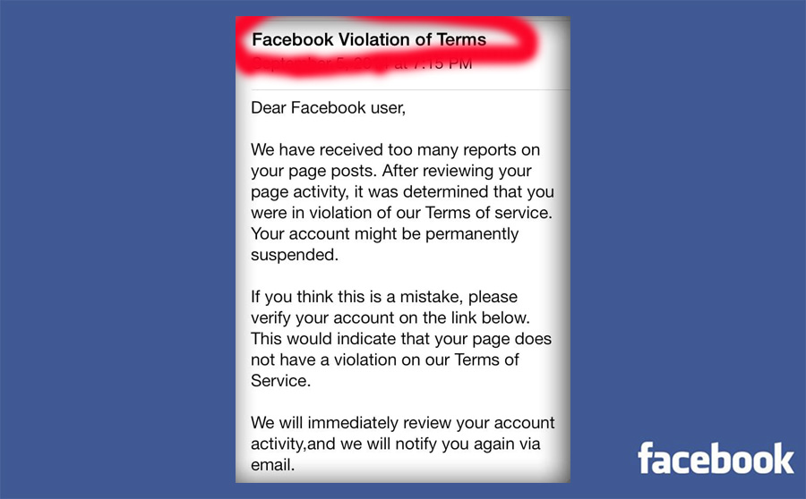 Facebook Violation Of Terms - Scam Detector