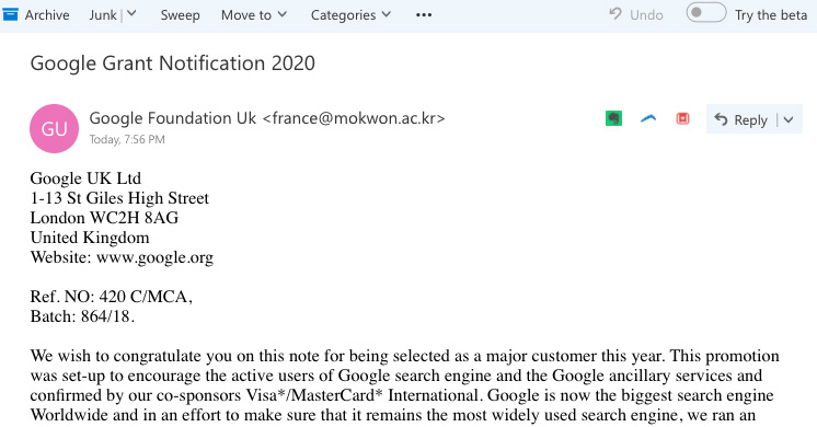 Google Foundation Grant Scam (2021) - Scam Detector