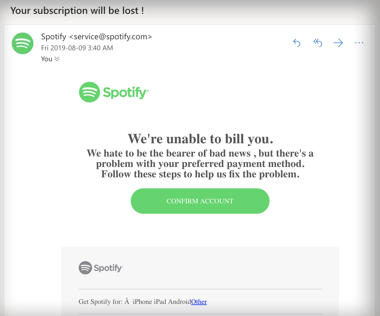 Spotify Account: Unable To Bill You - Scam Detector