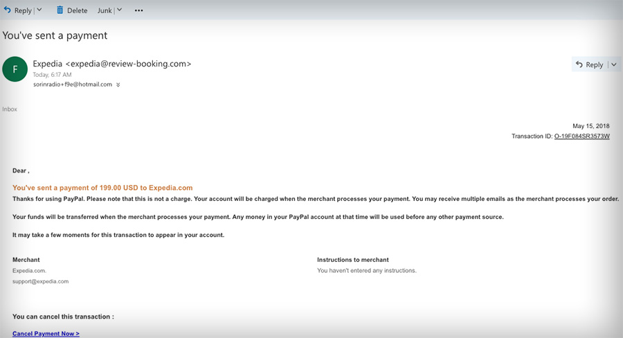 You've Sent a Payment to Expedia - Scam Detector