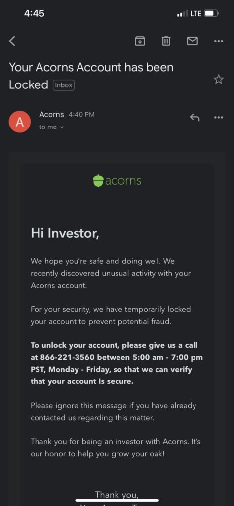 Acorns Account Locked: Customer Service Email Scam (2021) - Scam Detector